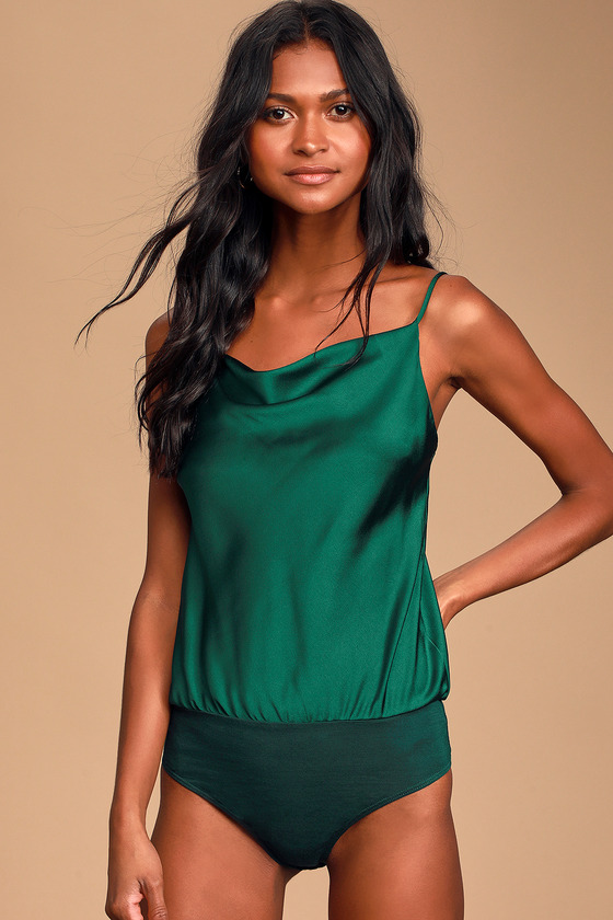 Forest Green Satin Bodysuit Cowl Neck Bodysuit Cami Bodysuit Lulus