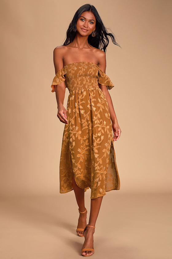 Cute Rust Orange Dress - OTS Midi Dress - Off-the-Shoulder Dress - Lulus