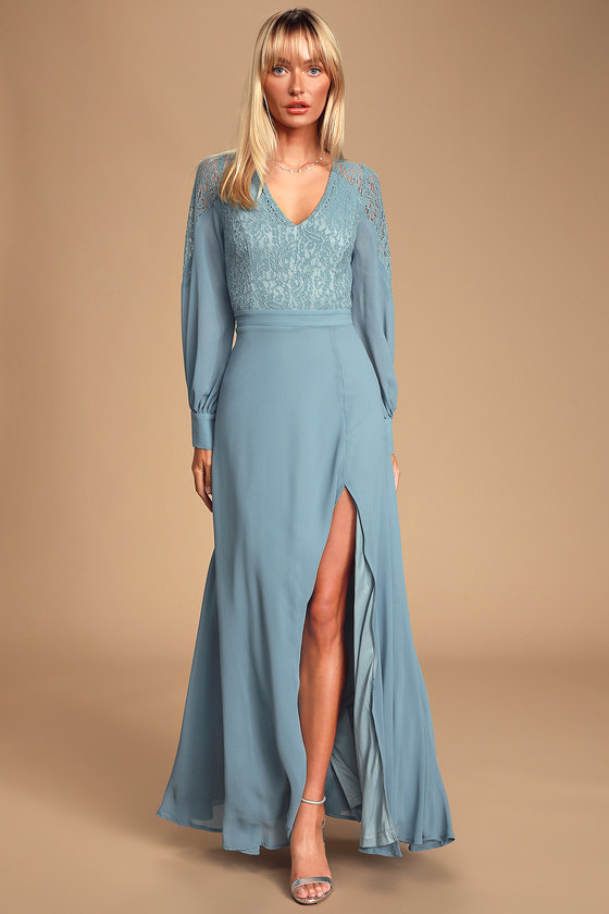 Lovely Slate Blue Dress Lace Maxi Dress Long Sleeve Dress Lulus