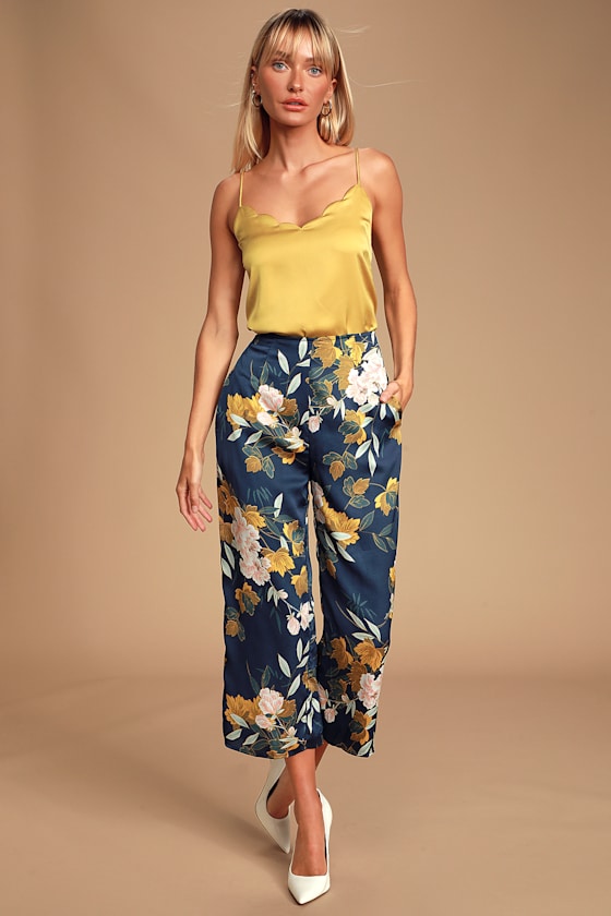 Cute Navy Blue Pants - Floral Print Pants - Satin Wide-Leg Pants - Lulus