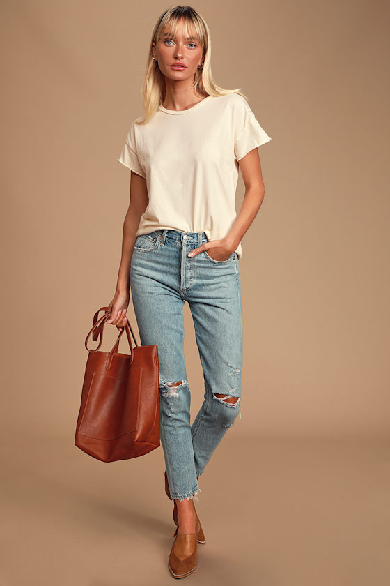 Basic Ivory Tee - Short Sleeve Top - Comfy Crew Neck Tee - Lulus