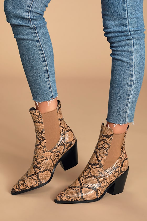 Trendy Brown Boots - Snake Embossed Boots - Mid-Calf Boots - Lulus