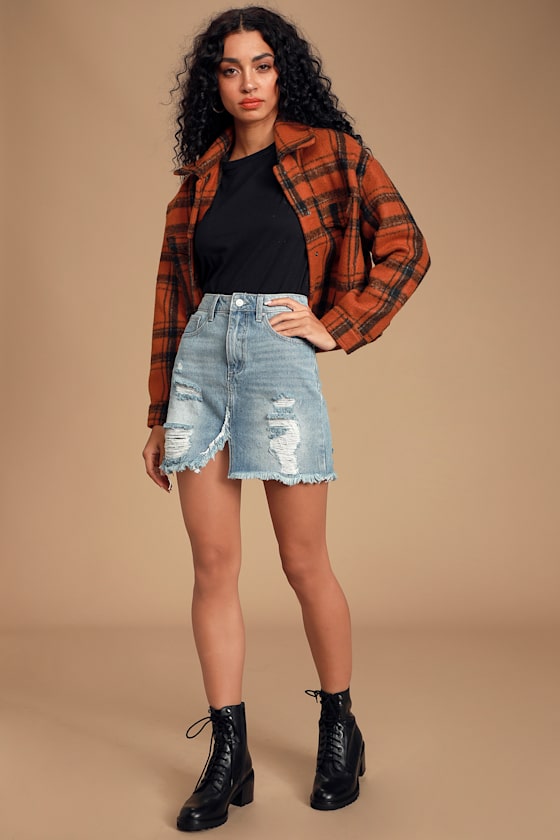 Trendy Denim Mini Skirt - Light Wash Skirt - Distress Denim Skirt - Lulus