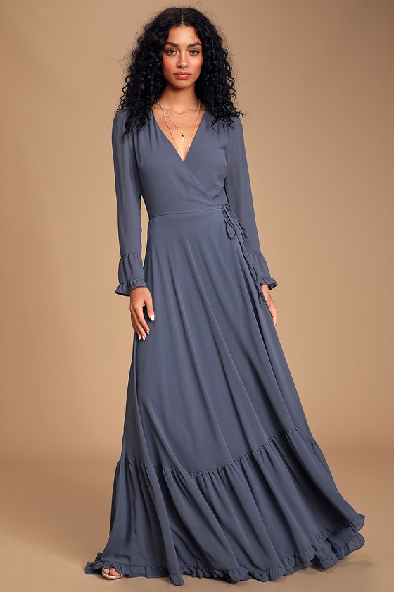 Pretty Slate Blue Maxi Dress Wrap Dress Tiered Maxi Dress Lulus