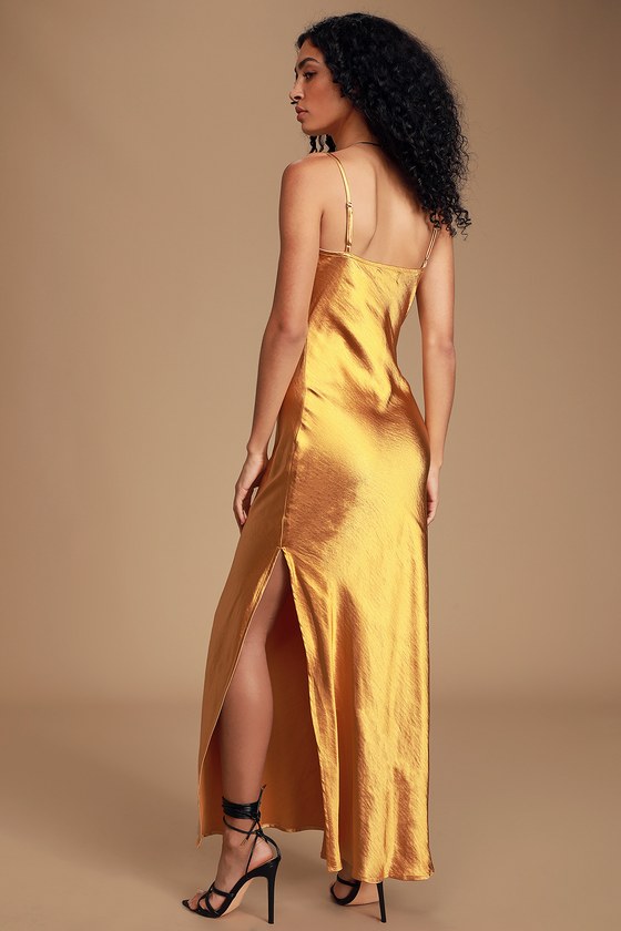 Chic Gold Satin Dress Cowl Neck Dress Sleek Maxi Dress Lulus