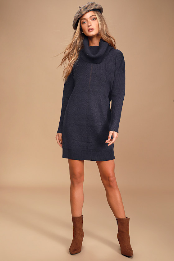 Cute Navy Blue Dress - Knit Dress - Blue Cowl Neck Dress - Lulus