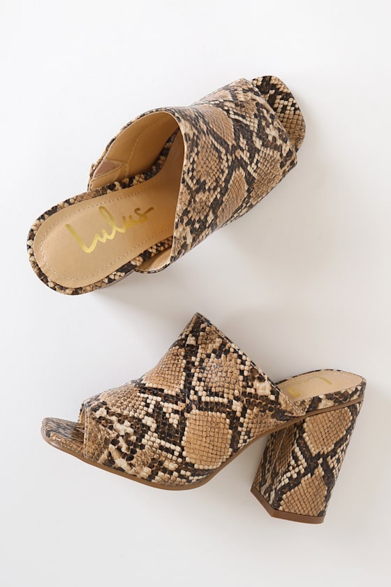 Cute Snake Print Mules - Block Heel Mules - Peep-Toe Mules - Lulus