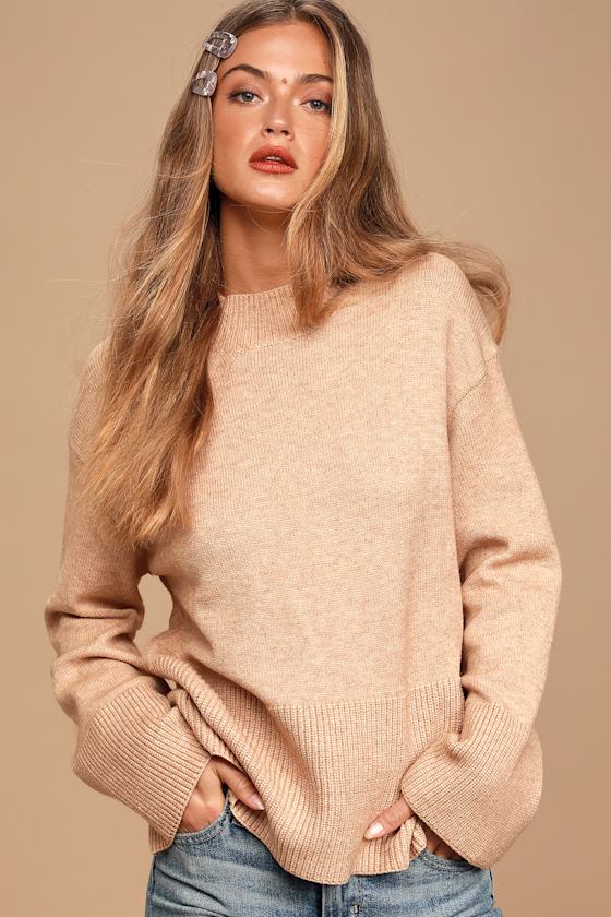Cute Heathered Beige Sweater - Crew Neck Sweater - Ribbed Sweater - Lulus