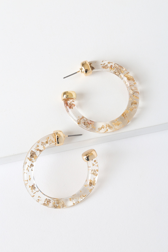 Clear and Gold Hoop Earrings - Gold Leaf Earrings - Clear Hoops - Lulus