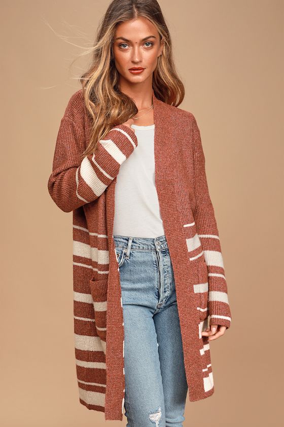 Olive + Oak - Rust Red Striped Cardigan - Long Cardigan - Lulus