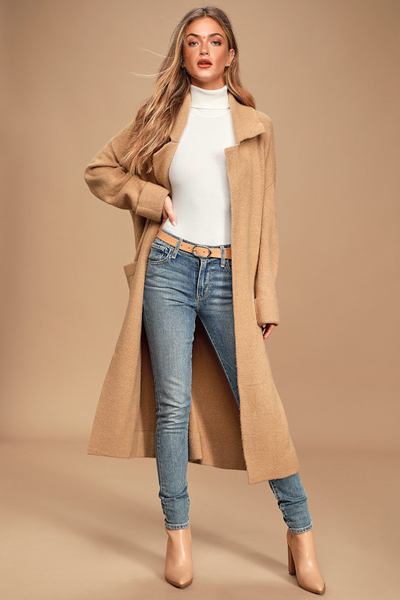 Tan Cardigan - Tan Knit Trench Coat - Trendy Collared Coatigan - Lulus