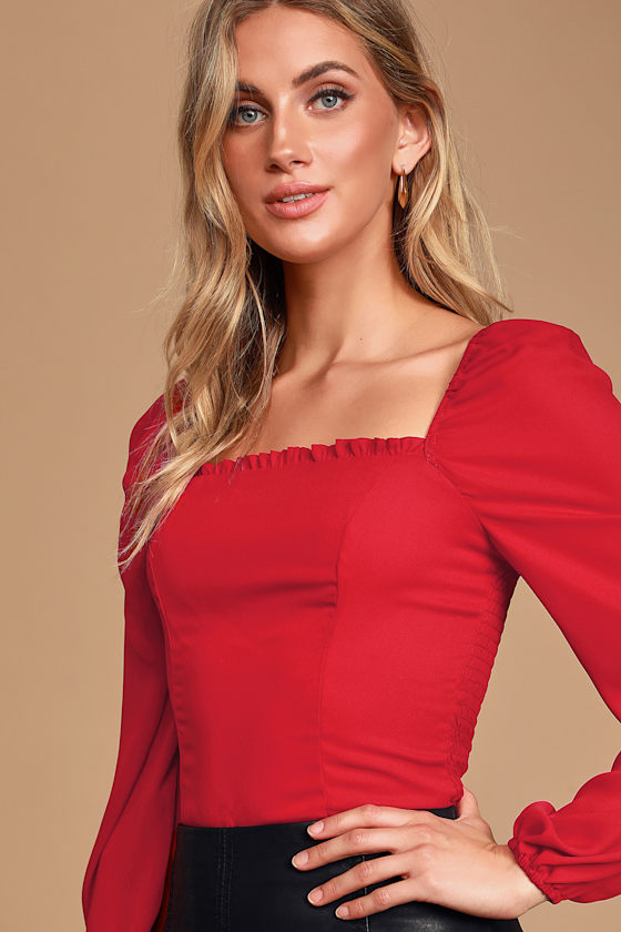 Cute Red Chiffon Blouse - Square Neck Blouse - Long Sleeve Blouse - Lulus