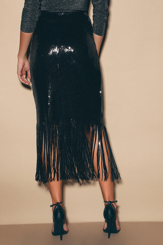 Glam Black Midi Skirt Sequin Midi Skirt Sequin Fringe Skirt Lulus