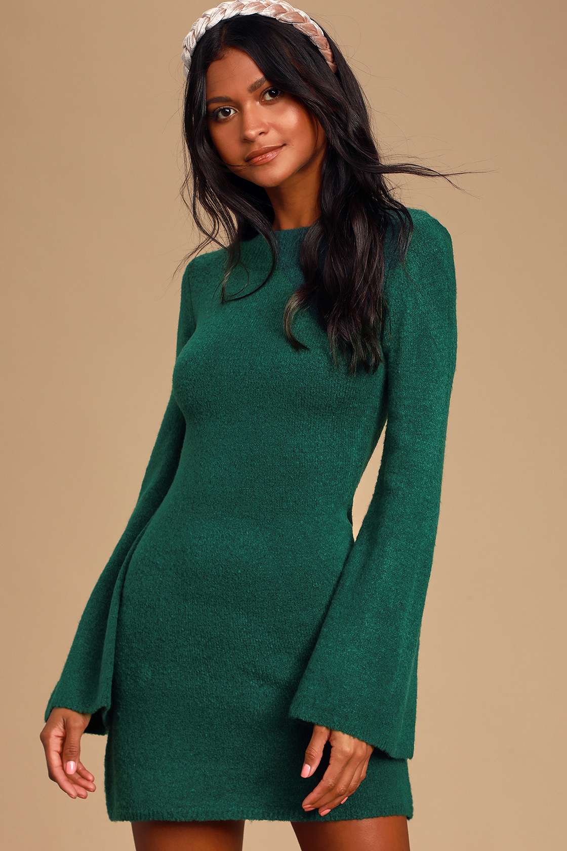 Cozy Forest Green Dress - Sweater Dress - Bell Sleeve Dress - Lulus