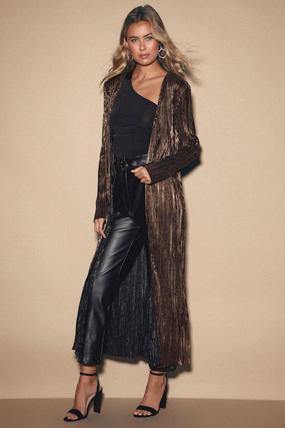 Trendy Bronze Duster - Pleated Cardigan - Metallic Plisse Duster - Lulus