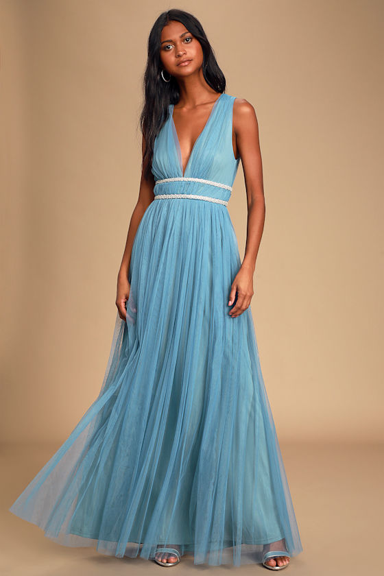 Pretty Slate Blue Dress - Embroidered Maxi Dress - Beaded Dress - Lulus