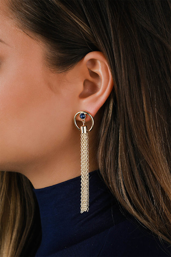 Cute Gold and Blue Earrings - Chain Fringe Earrings - Earrings - Lulus