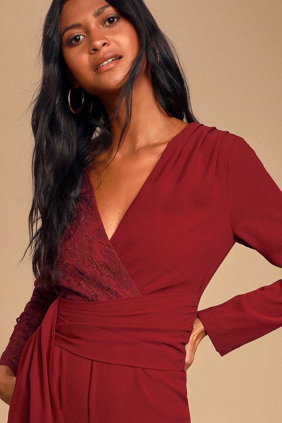 Chic Burgundy Jumpsuit Lace Jumpsuit Long Sleeve Jumpsuit Lulus