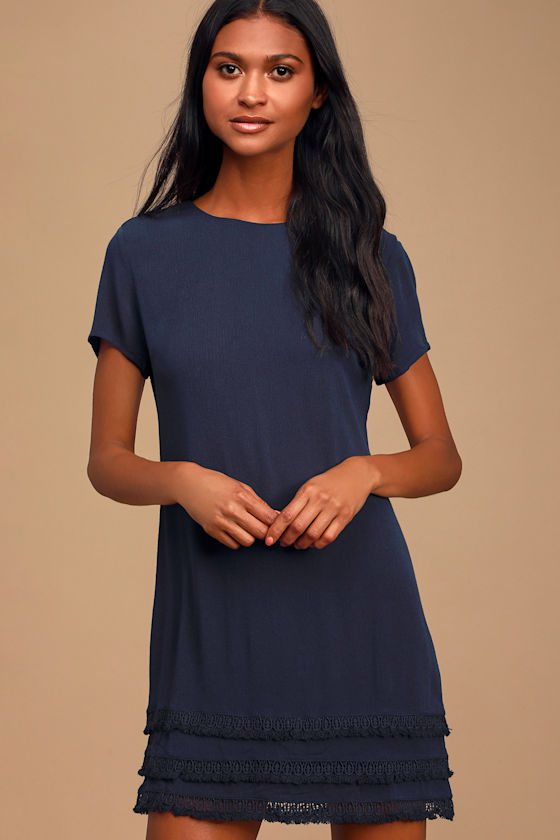 Cute Navy Blue Dress Crochet Trimmed Dress Shift Dress Lulus