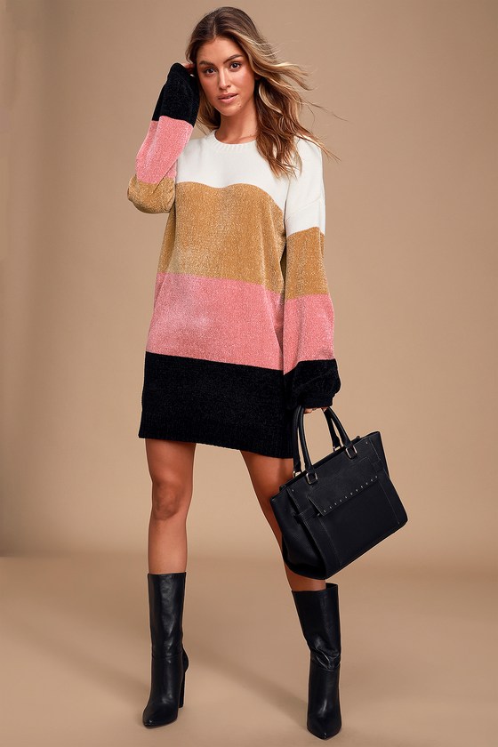 Cute Color Block Dress Chenille Dress Cozy Sweater Dress Lulus