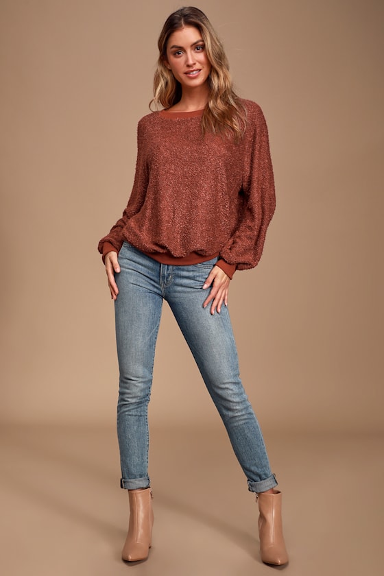 Cute Brick Red Top - Slub Knit Sweater Top - Pullover Sweater - Lulus