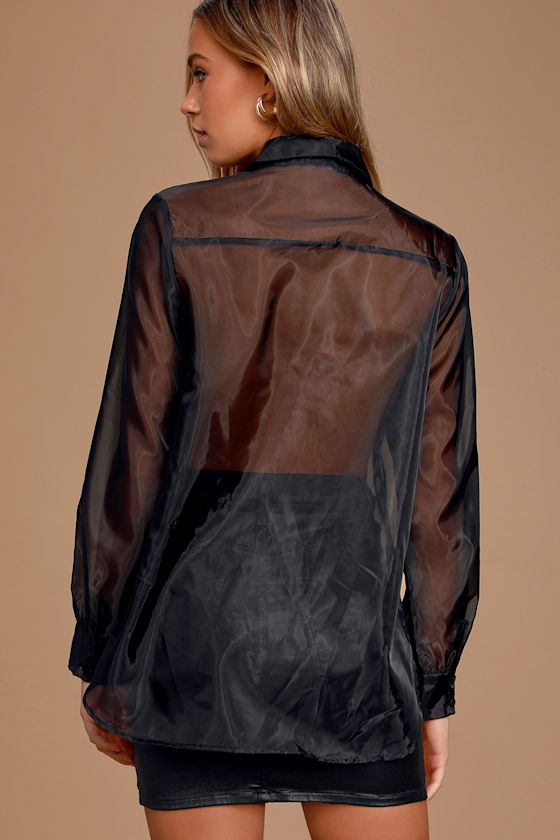 Chic Black Sheer Top Black Button Up Blouse Sheer Organza Top Lulus