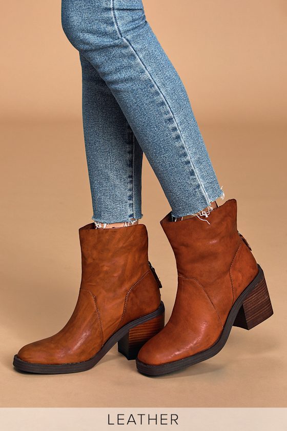 Kelsi Dagger Westward - Genuine Leather Cognac Boots - Square Toe - Lulus