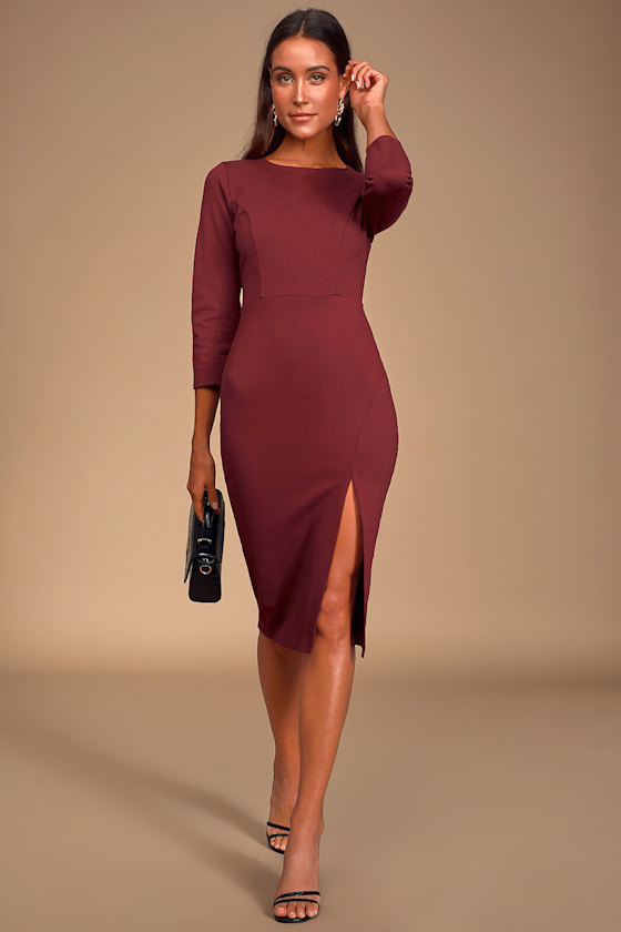 Burgundy Bodycon Dress - Midi Dress - Three-Quarter Sleeve Dress - Lulus