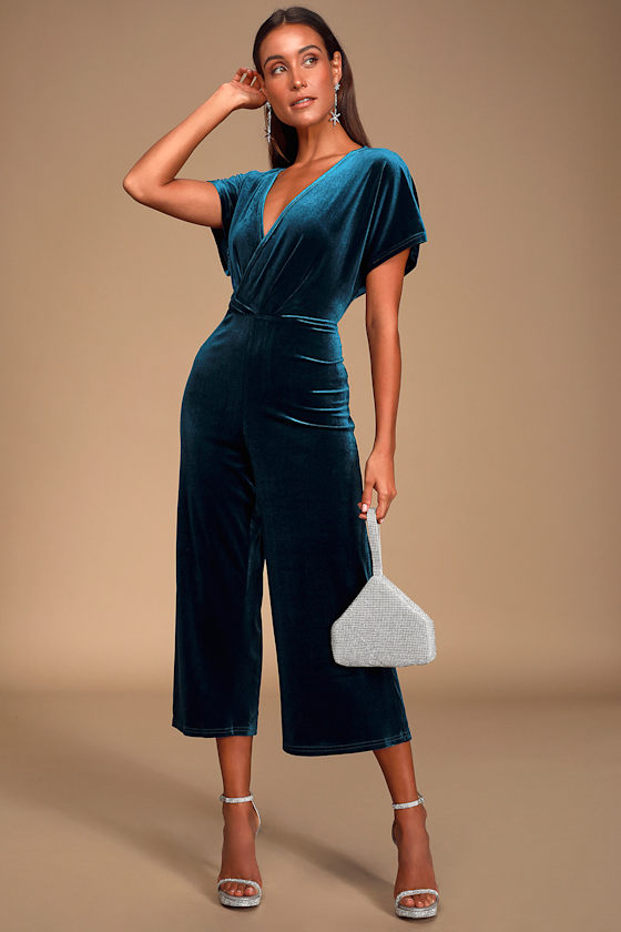 Cute Blue Velvet Jumpsuit - Surplice Jumpsuit - Kimono Sleeve - Lulus