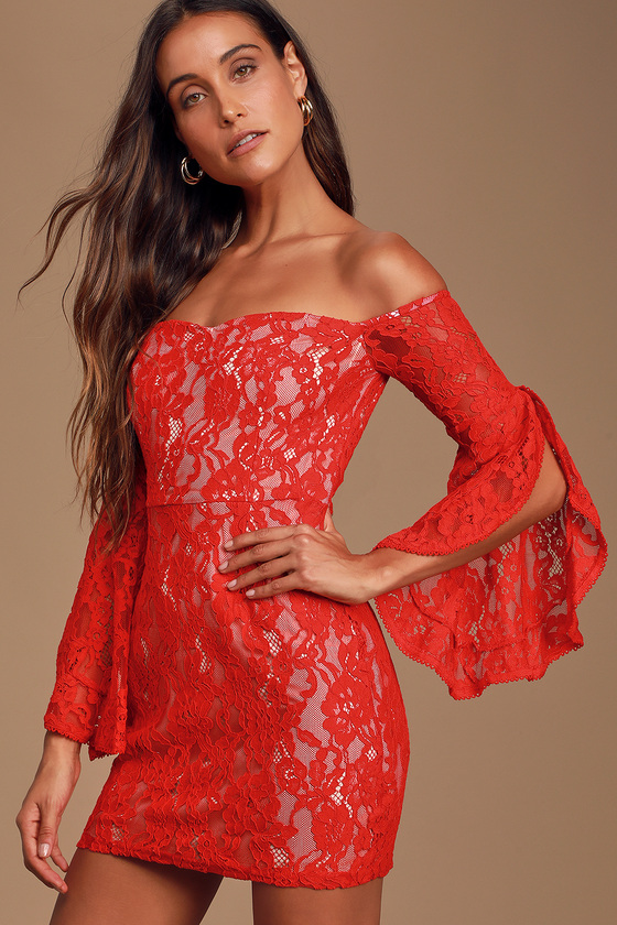 Sexy Red Lace Bodycon Ots Mini Dress Bell Sleeve Dress Lulus
