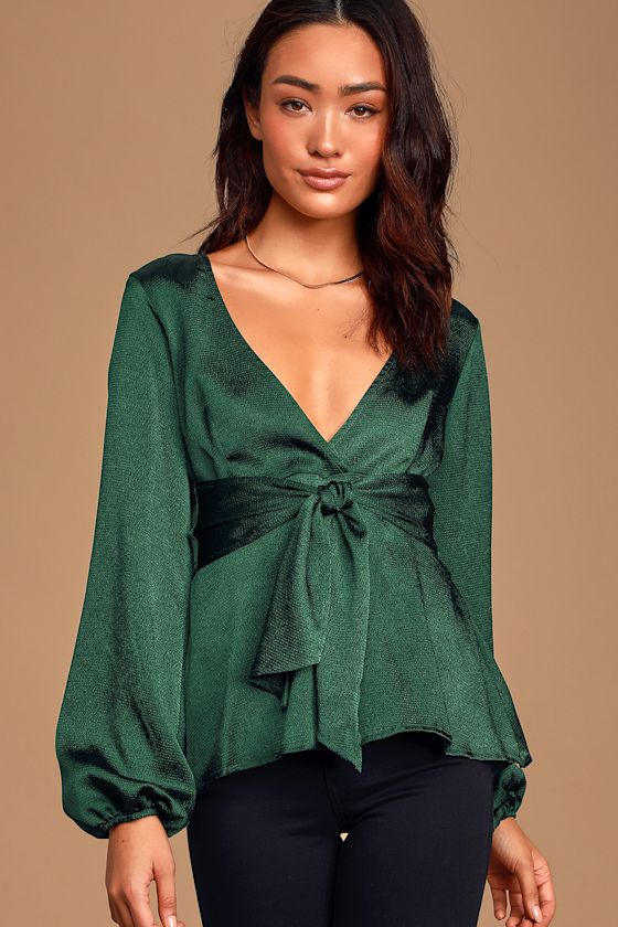 Cute Green Satin Top - Long Sleeve Top - Tie-Front Blouse Top - Lulus