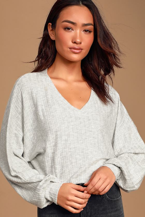 Soft Grey Sweater - Cropped Sweater Top - Ribbed Long Sleeve Top - Lulus