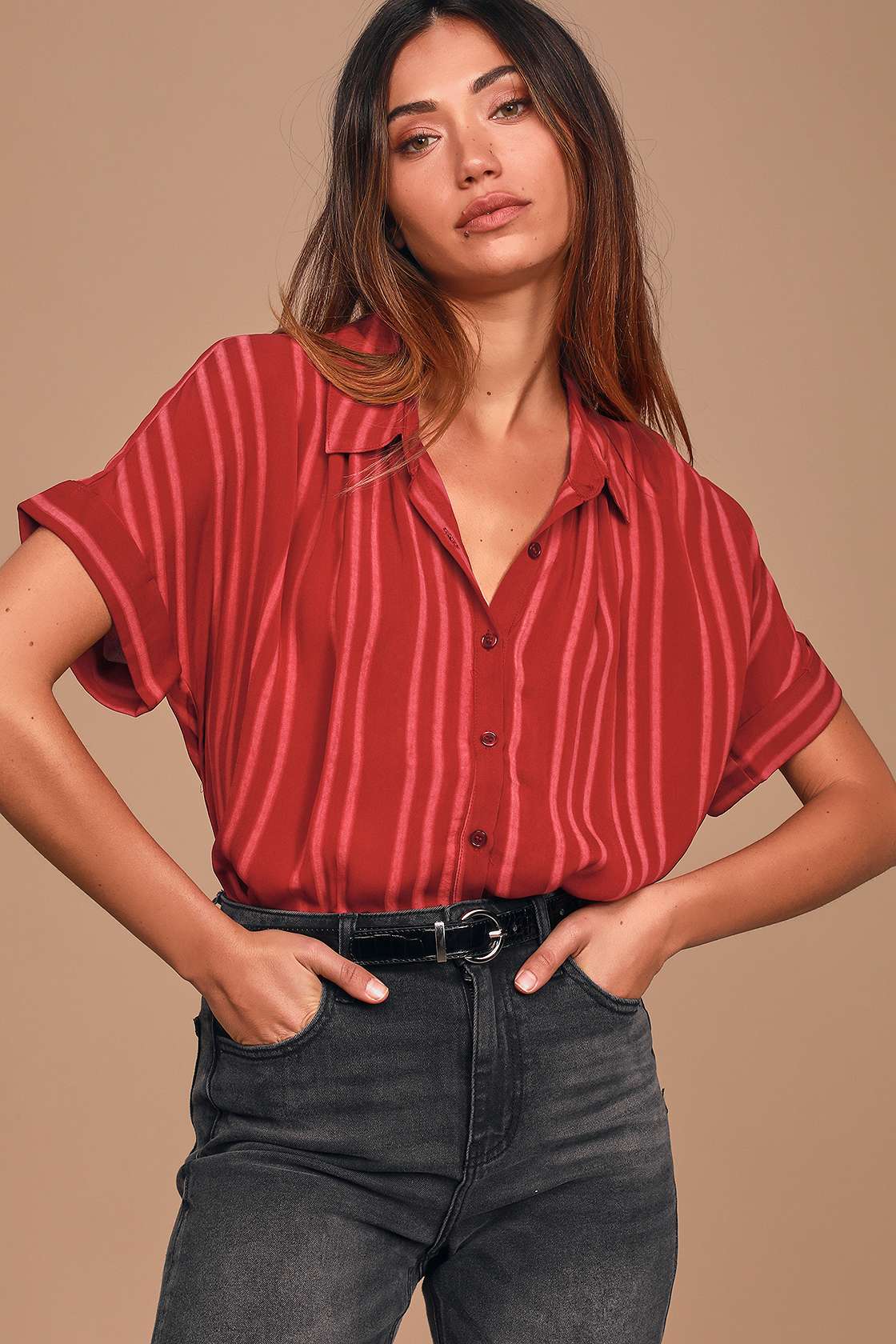 Cute Wine Red Top - Button-Up Top - Striped Button-Up Top - Lulus