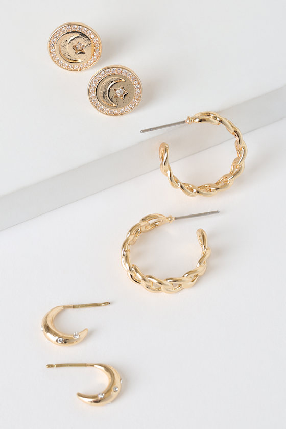 Trendy Gold Earrings - Gold Earring Set - Set of 3 Earrings