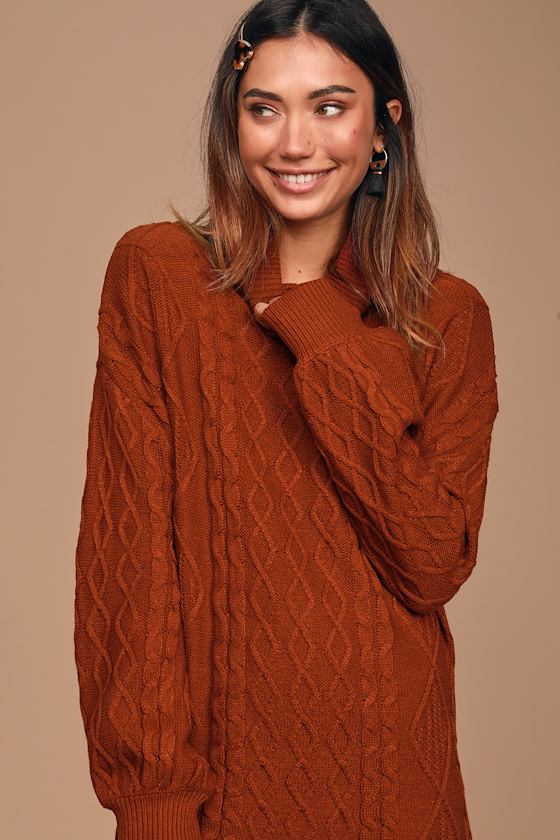 Cozy Rust Red Sweater Dress - Turtleneck Dress - Cable Knit Dress - Lulus