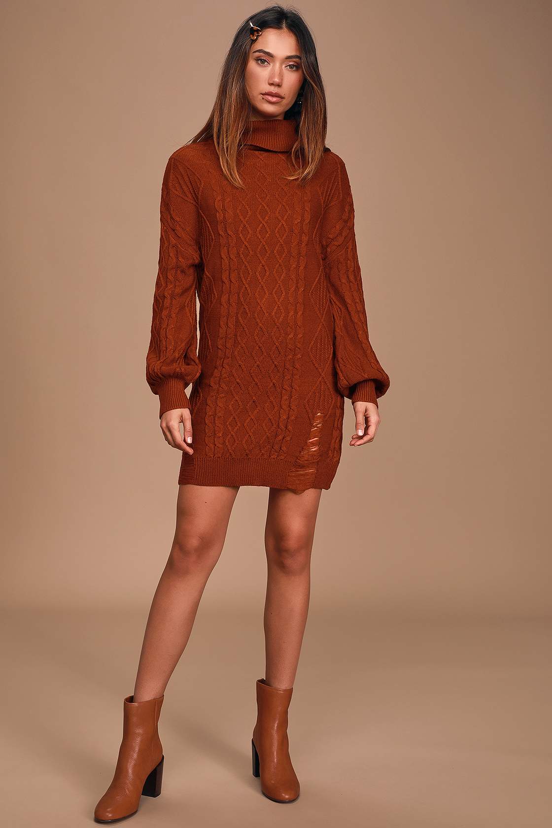 Cozy Rust Red Sweater Dress - Turtleneck Dress - Cable Knit Dress - Lulus