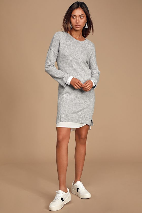 RD Style Two Fer - Grey Sweater Dress - Layered Shirt Dress - Lulus