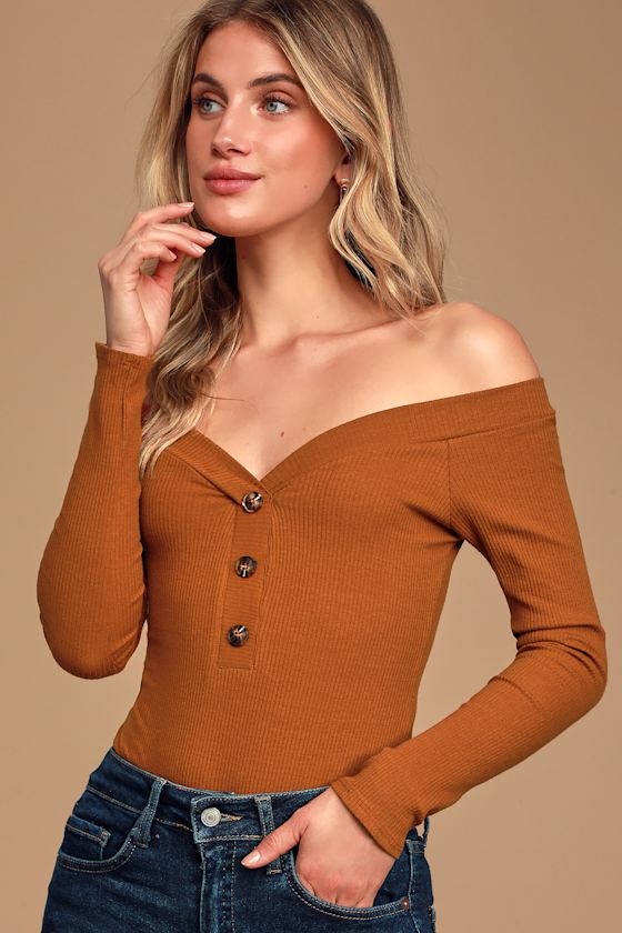 Rust Brown Bodysuit - Ribbed Bodysuit - Off-the-Shoulder Bodysuit - Lulus