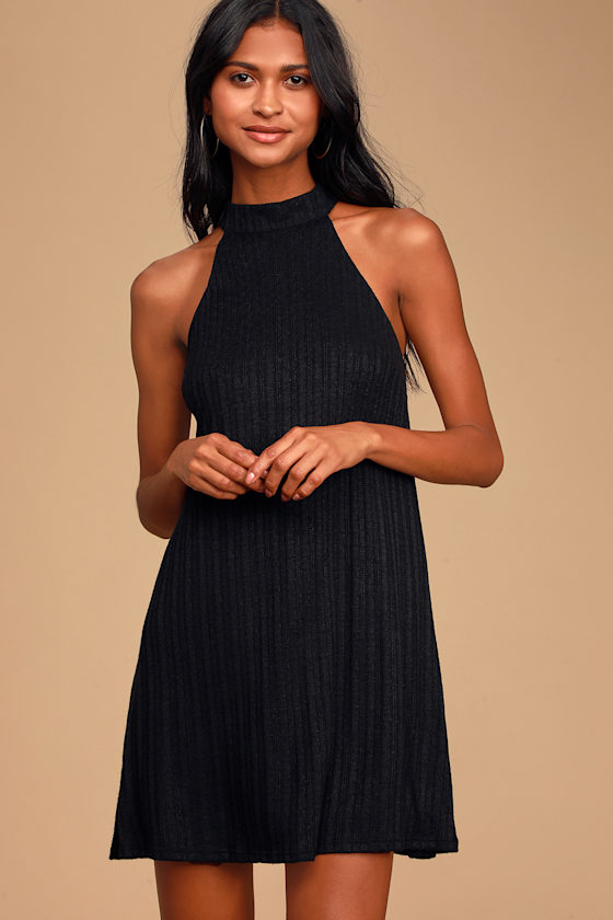 Ribbed Knit Dress - Halter Dress - Swing Dress - Black Dress - Lulus
