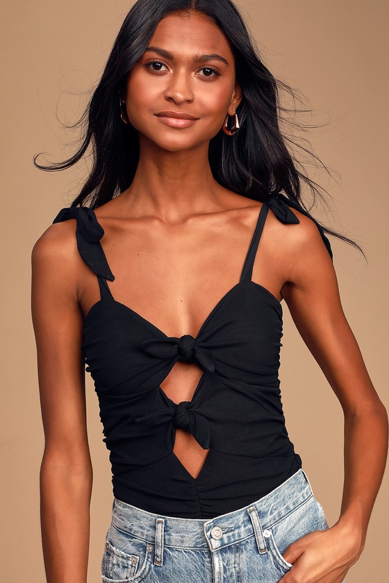 Sexy Black Mesh Bodysuit Tie Front Bodysuit Ruched Bodysuit Lulus