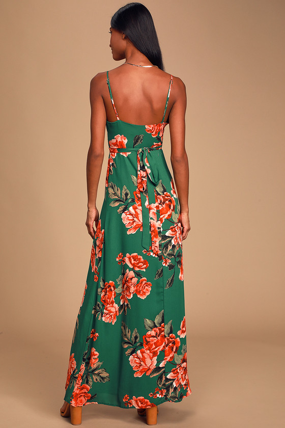 Chic Dark Green Floral Print Dress Wrap Dress Maxi Dress Lulus
