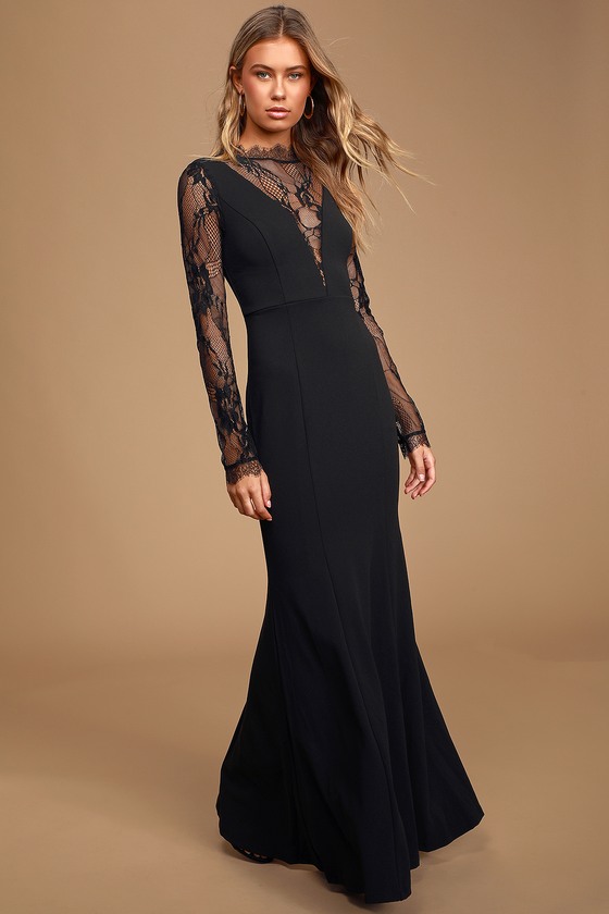 Sexy Black Lace Dress Illusion Neck Maxi Mermaid Maxi Dress Lulus