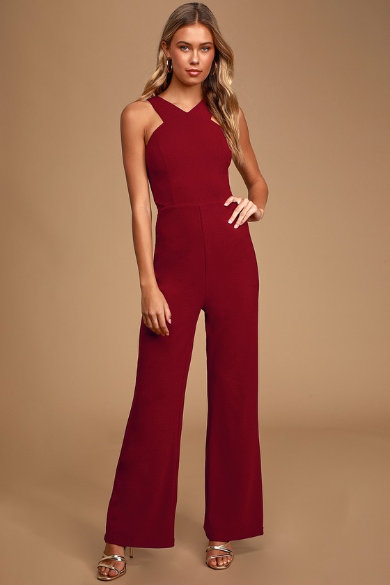 Sexy Burgundy Jumpsuit Lace Jumpsuit Wide Leg Jumpsuit Lulus
