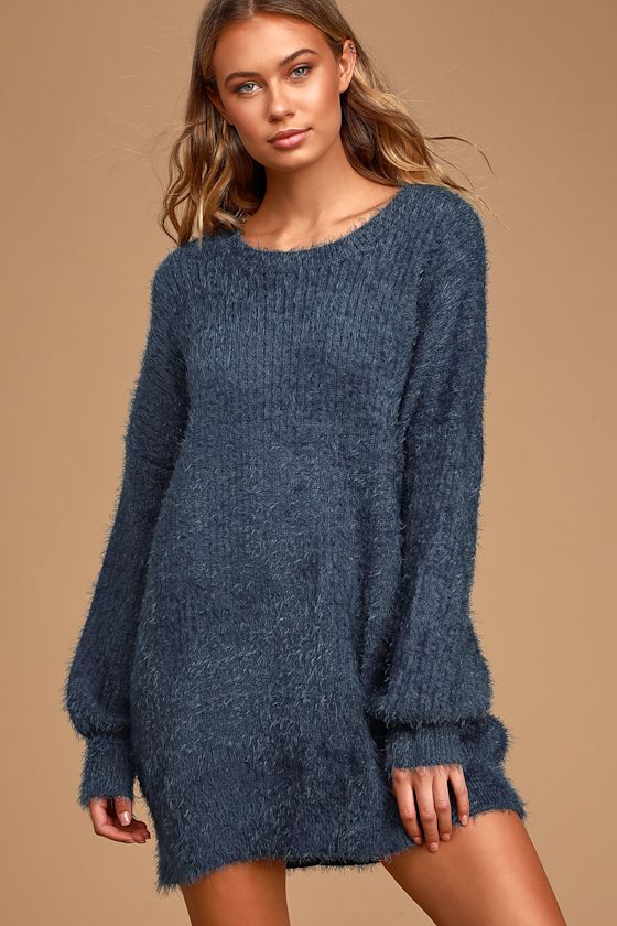 Cozy Navy Blue Dress - Fuzzy Sweater Dress - Long Sleeve Dress - Lulus