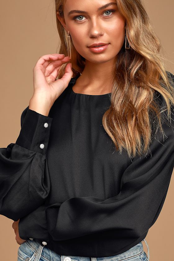 Chic Black Satin Top - Long Sleeve Satin Blouse - Raglan Sleeve - Lulus