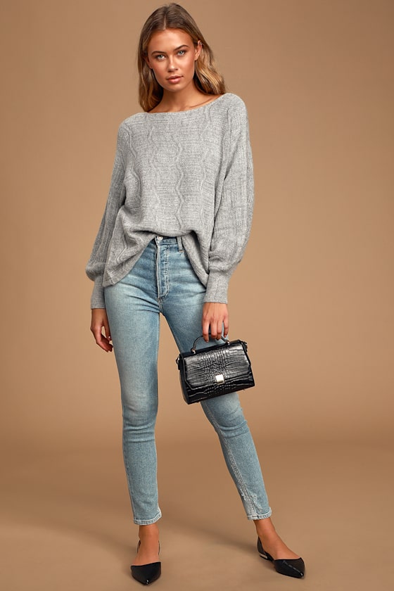 Heather Grey Sweater - Balloon Sleeve Sweater - Cozy Knit Sweater - Lulus