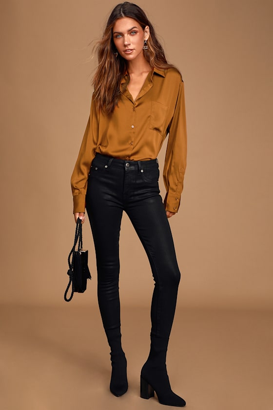 Chic Rust Brown Blouse - Satin Button-Up Top - Collared Blouse - Lulus