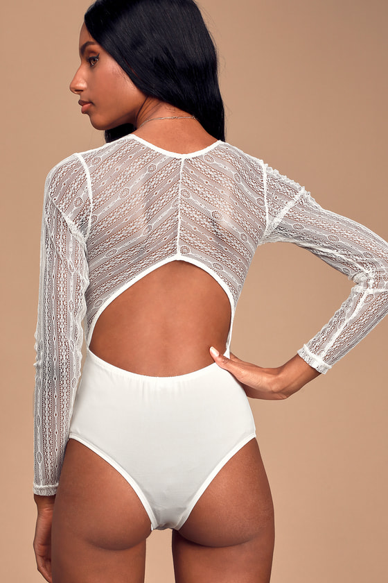 Sexy White Bodysuit Sheer Lace Bodysuit Long Sleeve Bodysuit Lulus