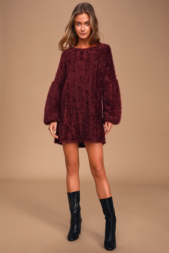 Burgundy Sweater Dress Fuzzy Knit Dress Balloon Sleeve Dress Lulus