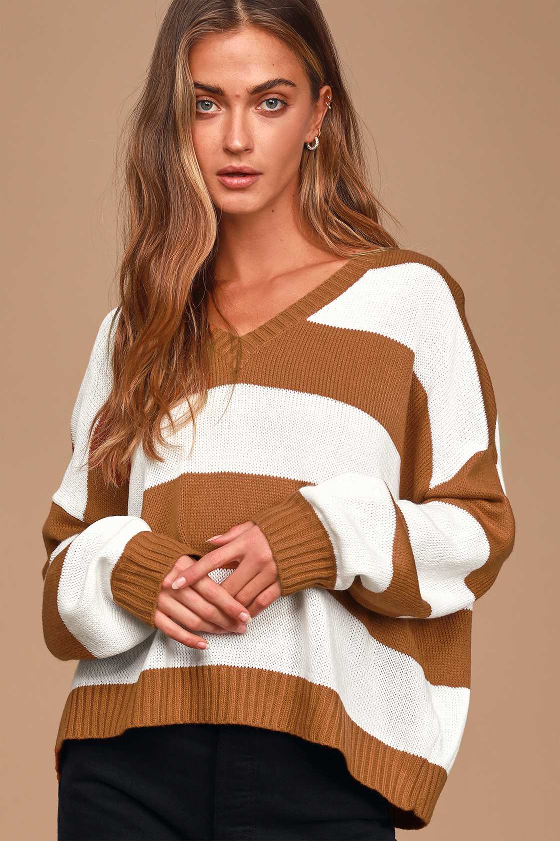 Brown and White Stripe Sweater - Boxy Sweater - Cozy Knit Sweater - Lulus